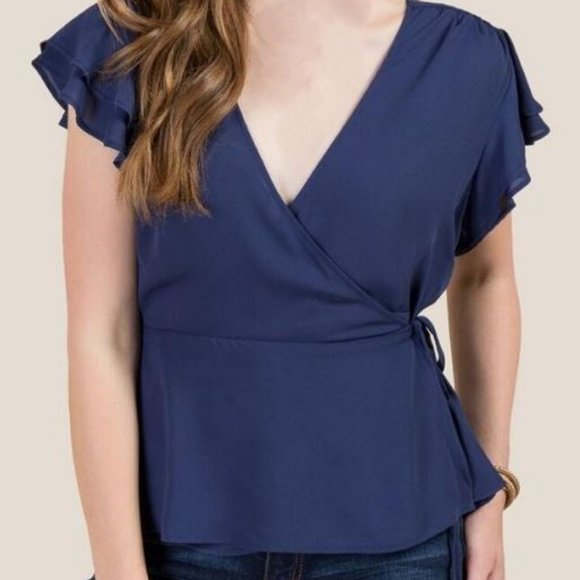 Blue Rain | Tops | Francescas Blue Rain Navy Blue Flutter Sleeve V Neck ...